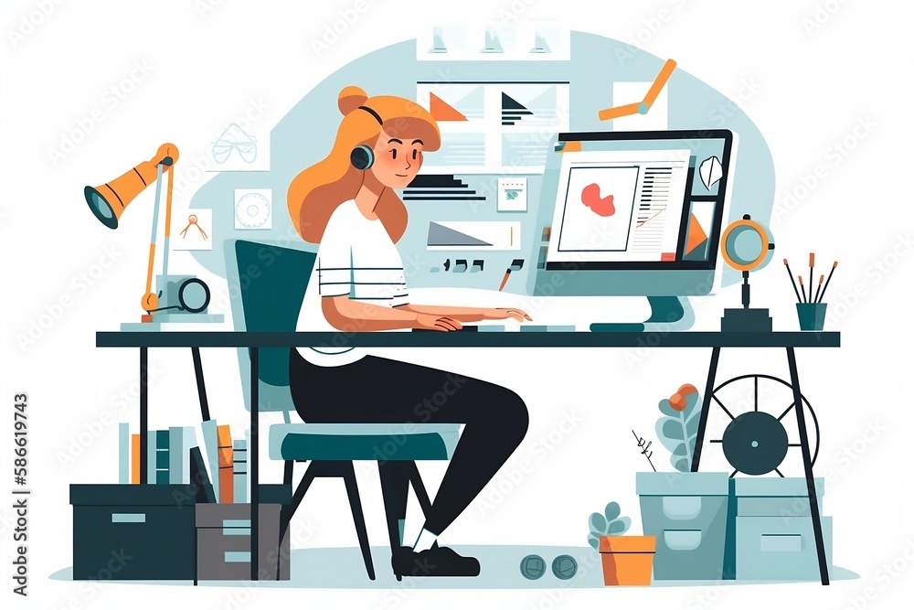 vector image of a woman working as a graphic designer, vector, flat ...