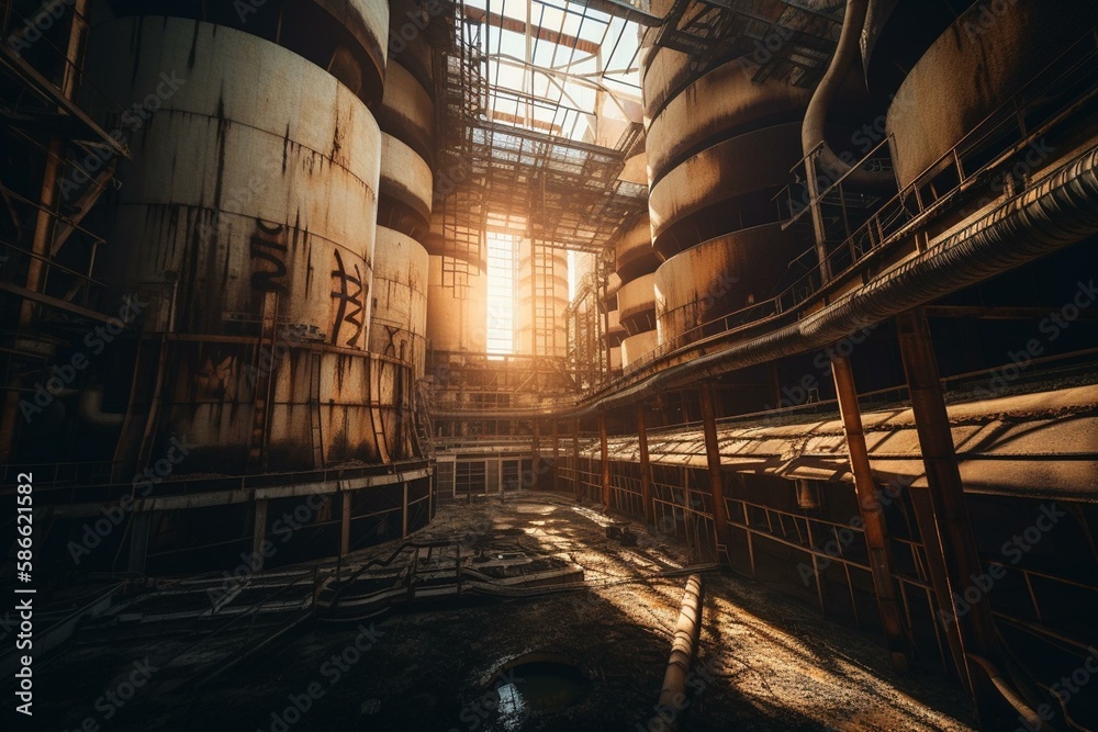 Nuclear atomic power station Cooling tower pipes sunlight, cyberpunk ...