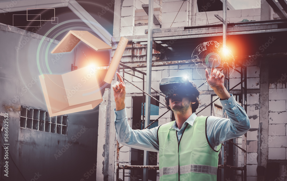 Civil Structure Engineer wearing VR virtual reality glasses to analyze ...