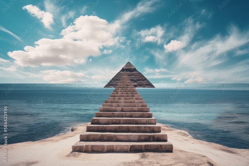ภาพประกอบสต็อก , bizarre seascape Above the red pyramid with stairs is ...
