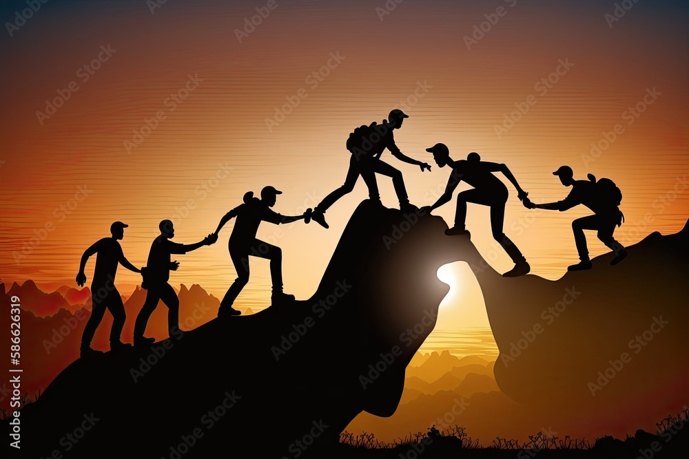 Silhouette of teamwork, a team of people helping each other to cross a ...