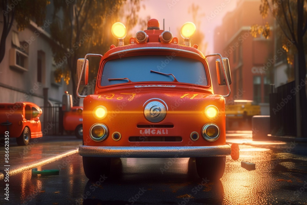 Cartoon fire brigade car smiling and looking in the parking lot ...