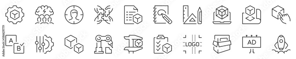 Line icons about new product development. Thin line icon set. Symbol ...