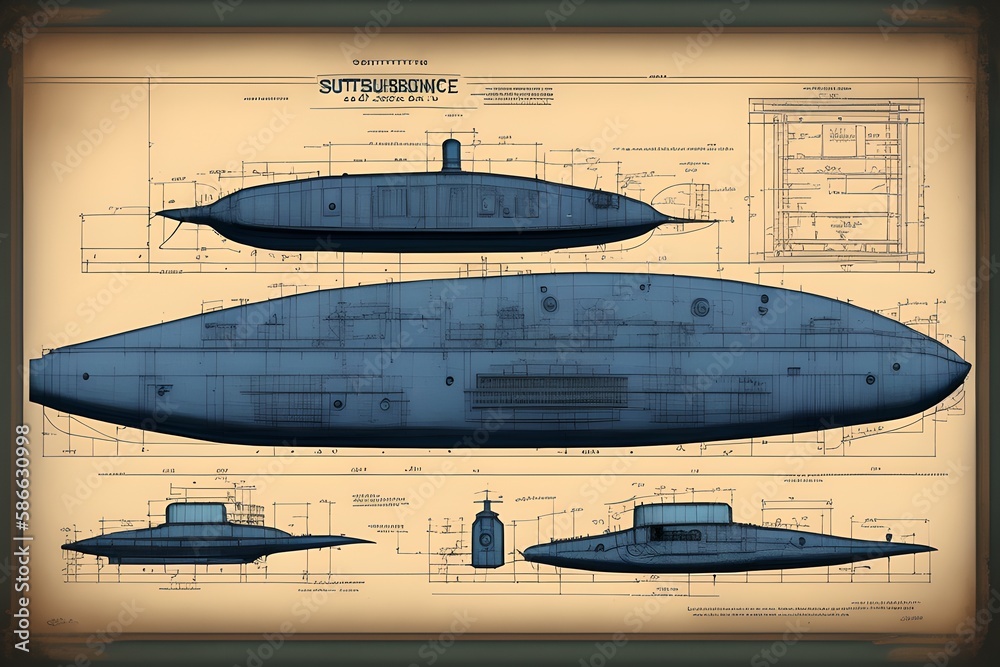 Blueprint of Vintage Submarine, Generative AI Illustration Stock ...