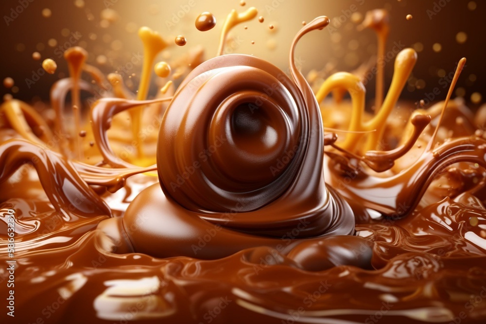 Liquid sweet melted chocolate and caramel waves mix, sauce swirl splash ...