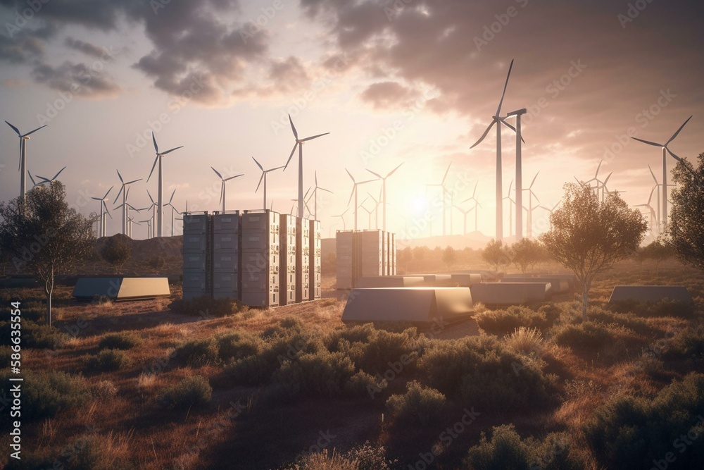 Battery storage power station accompanied by solar and wind turbine ...