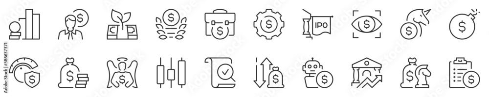 Line icons about investments and trading. Thin line icon set. Symbol ...
