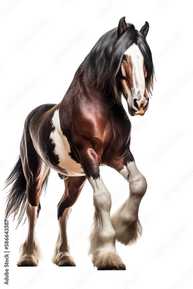 an equestrian-themed photographic illustration of a brown draft shire ...