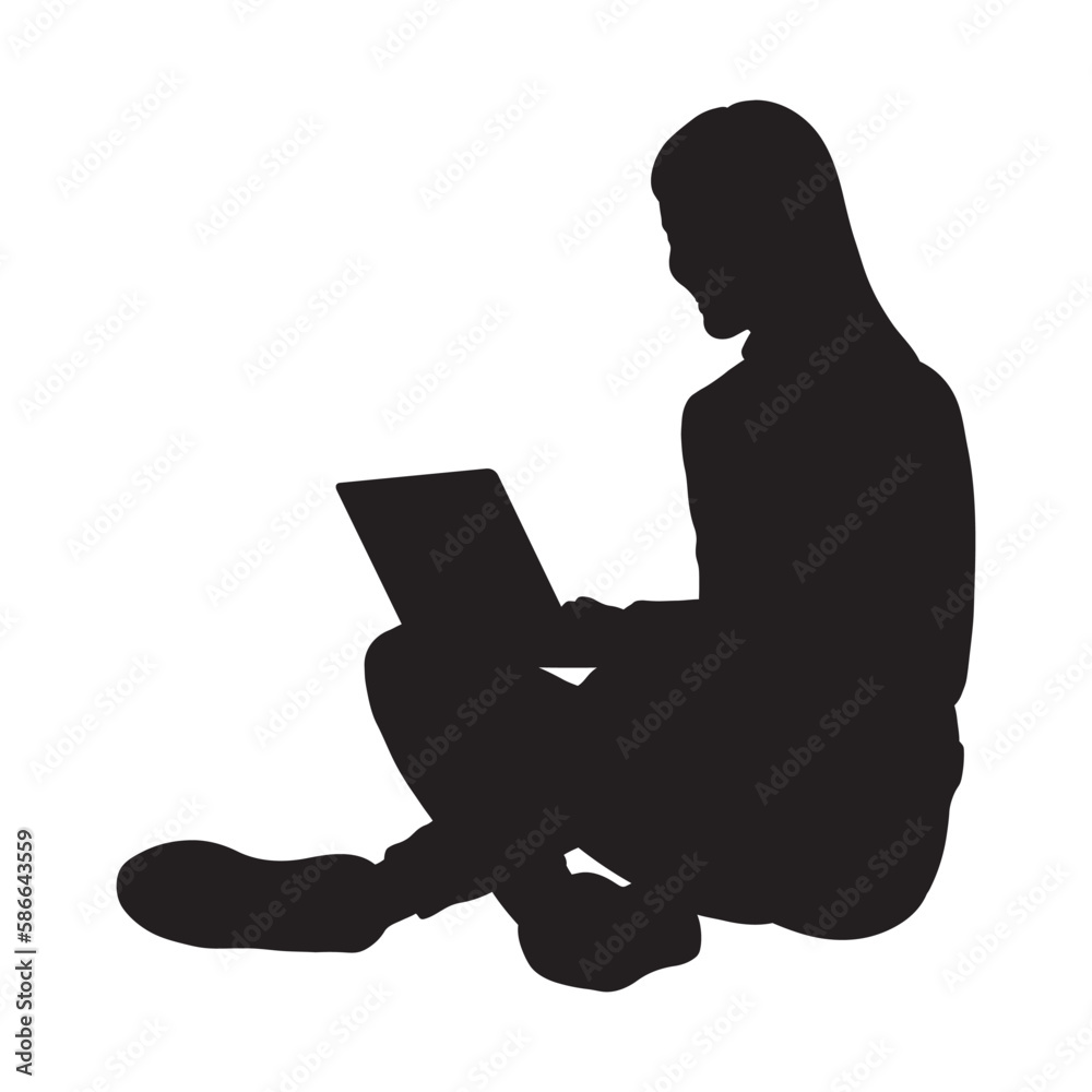 Woman sitting on the floor working on laptop vector silhouette. Stock ...