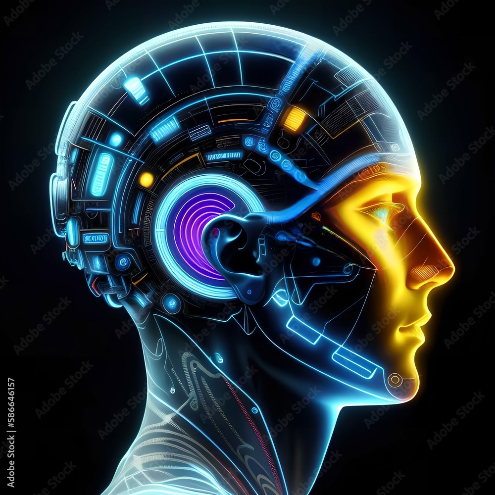 Colorful artificial intelligence, neon lines in the head. Generative Ai ...