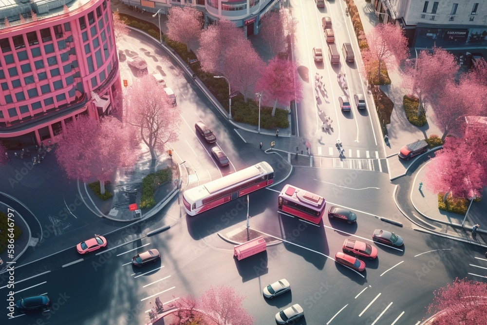 Traffic in modern city intersection. Self driving sedan, delivery van ...