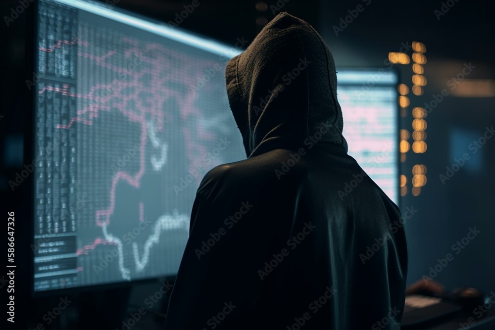 Back view of hacker in a hood with hidden face looks at the monitor ...