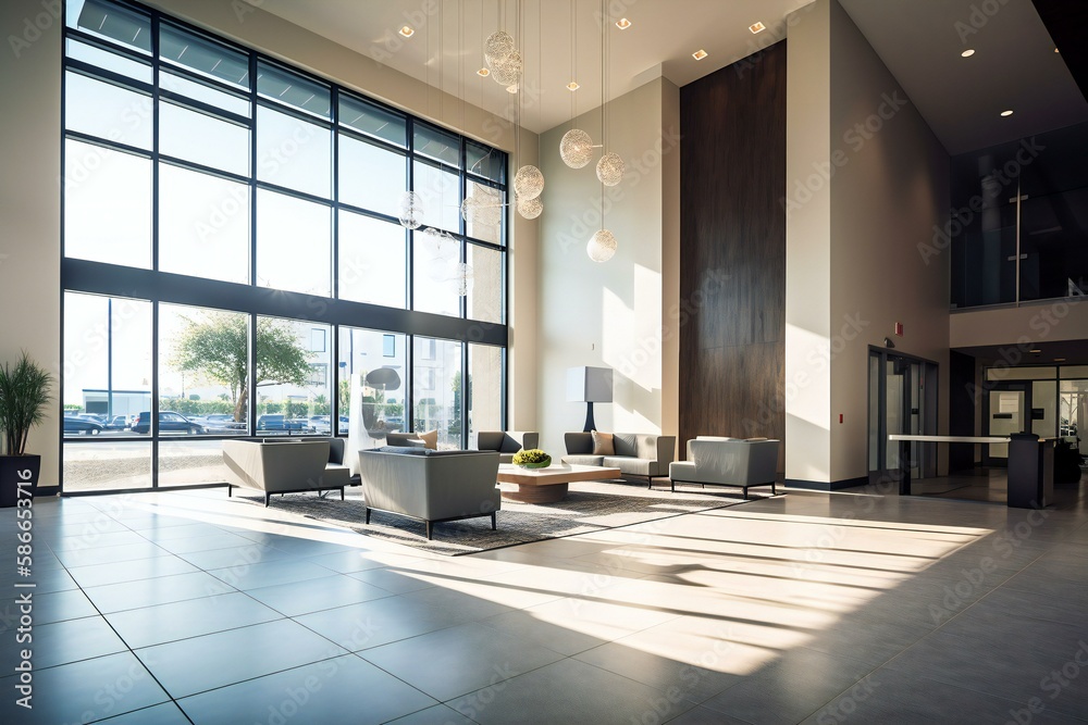 Modern business lobby interior with big windows and luxurious furniture ...