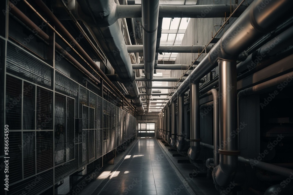 Air conditioning of buildings. Background of ventilation pipes. Laying ...