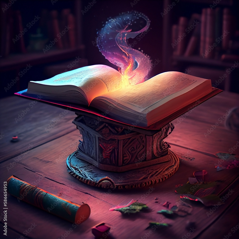 An open ancient magical book lies on a stand, magical light and puffs ...
