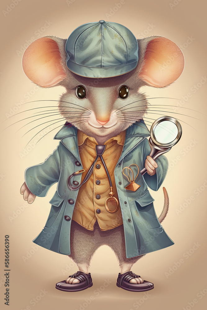 generative ai illustration of a cute mouse in a detective outfit with a ...