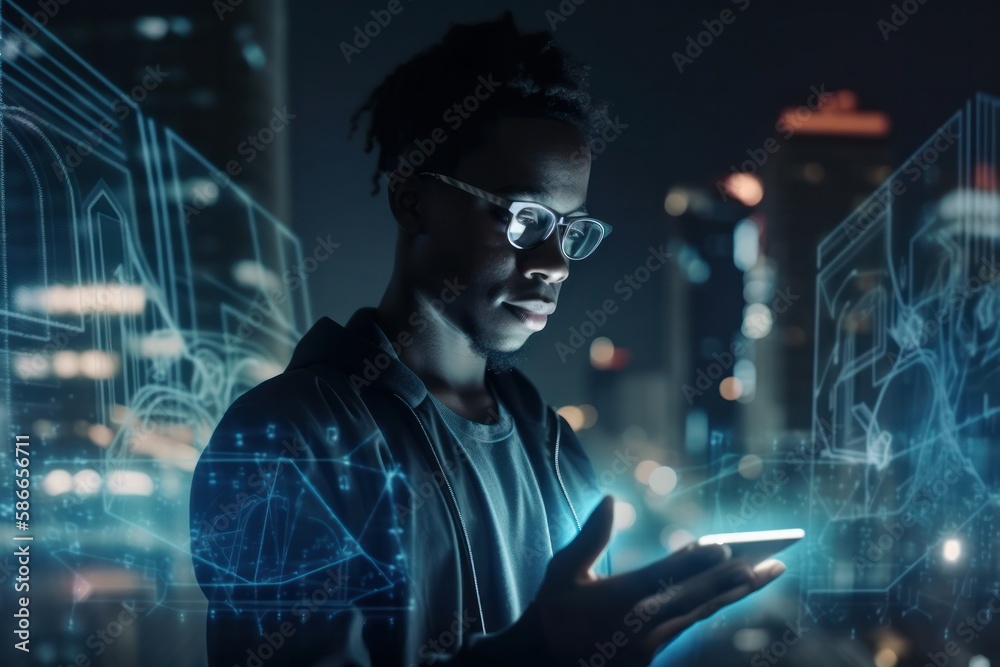 Phone and man trading with cryptocurrency or hacking online with 5g network in night city with ...