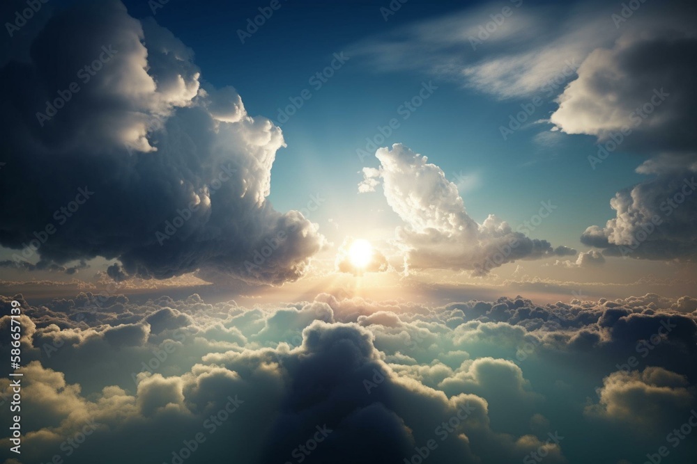 a painting of a sky filled with clouds and sun rays coming through the ...