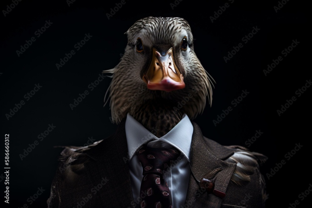 a duck dressed in a suit and tie with a fake duck's head on his ...