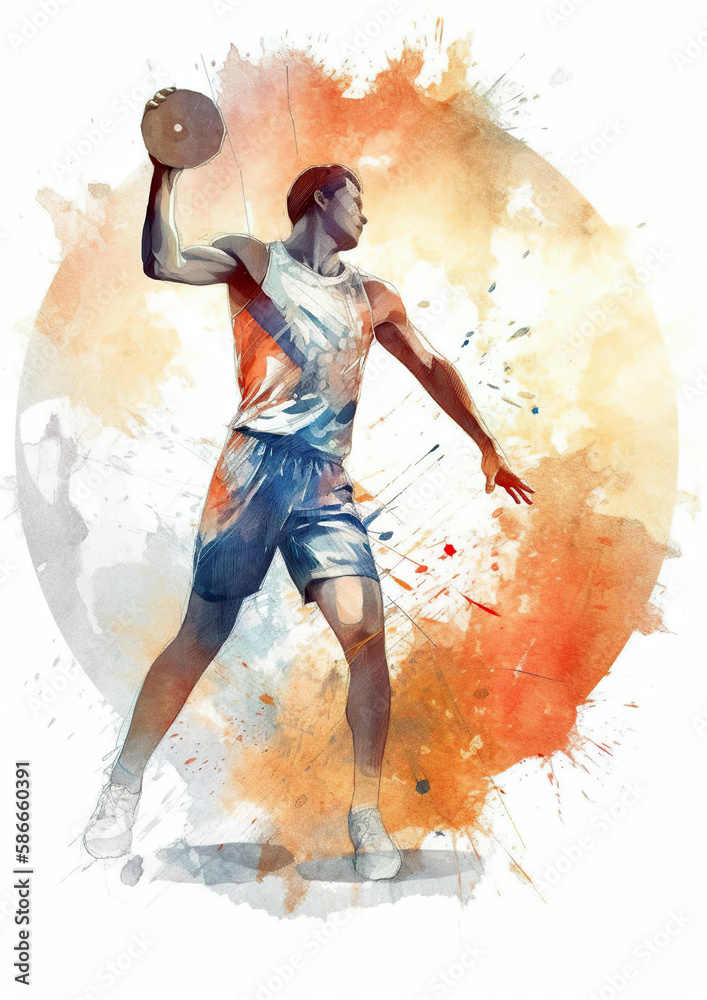 Watercolor abstract illustration of a discus thrower. One of the ...