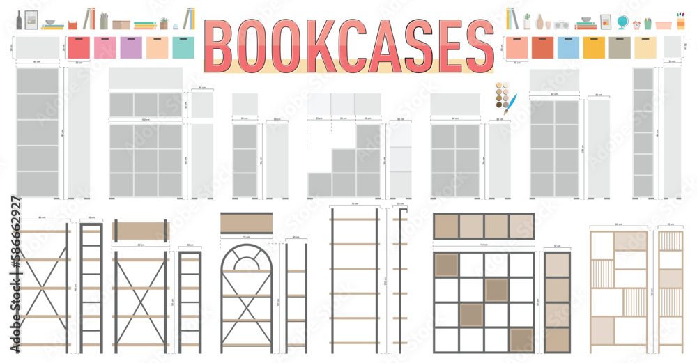 Top and Side Views of Different Bookcases for Plan and Elevation ...