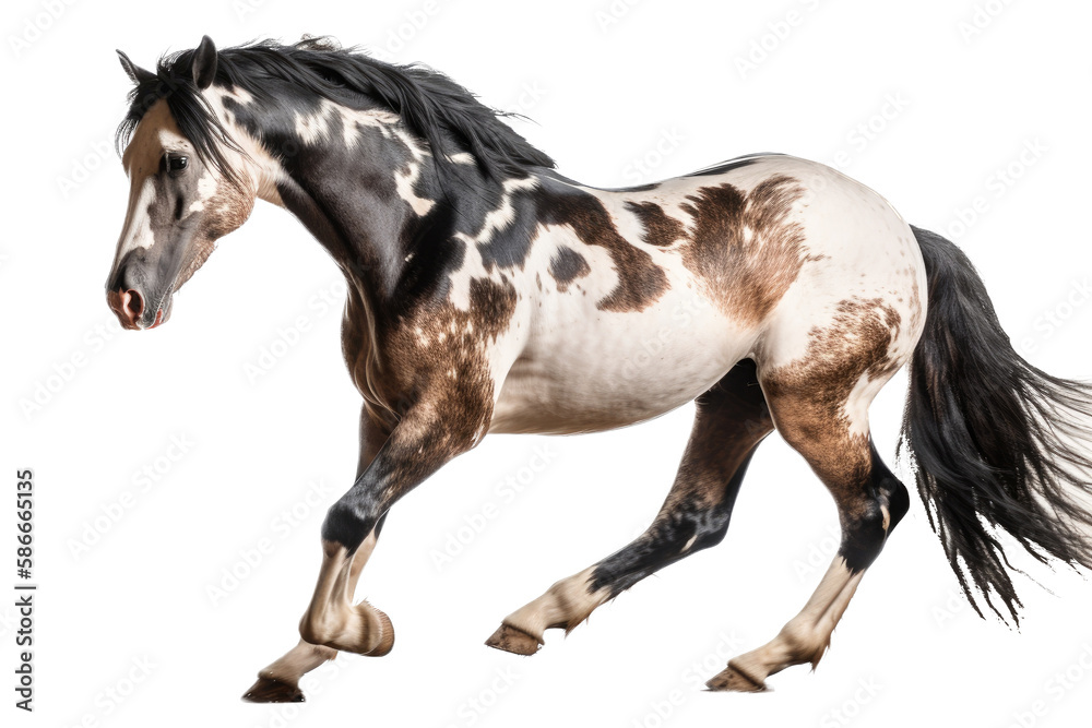 an equestrian-themed photographic illustration of a painted pinto horse ...