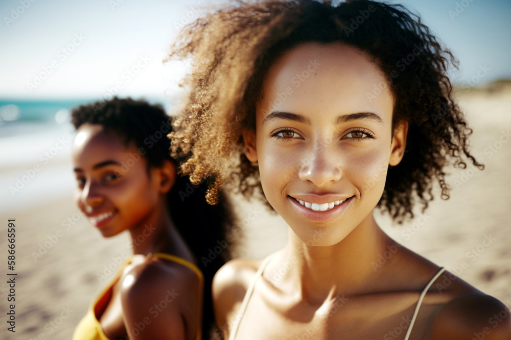 young adult women or teenage girls on the beach in bikini in sunshine ...