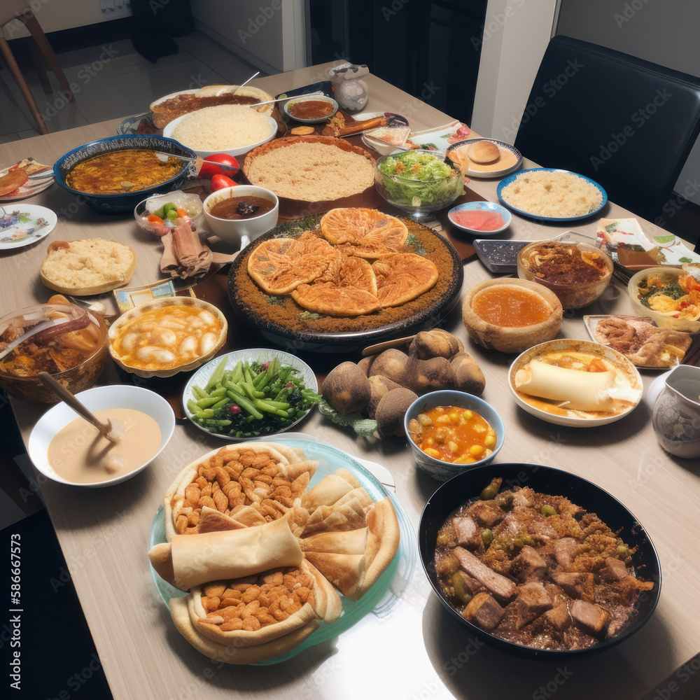Une table pleine de repas orientaux pour le Ramadan Stock Illustration ...