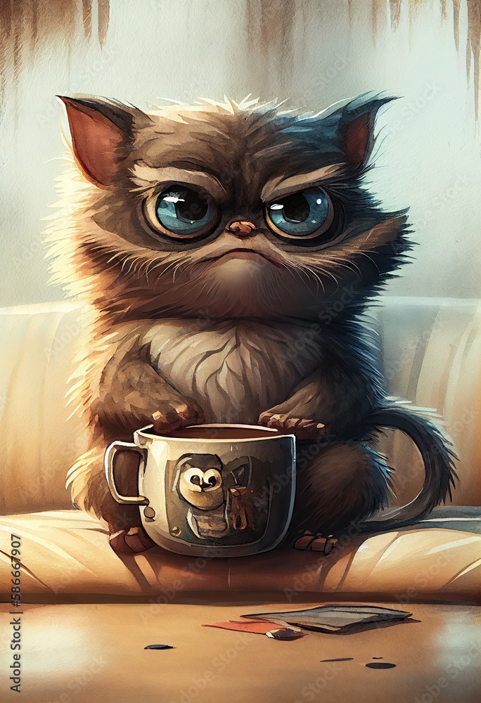 Watercolor Realistic Angry, Funny, and Cute Cat with Big Eyes generated ...