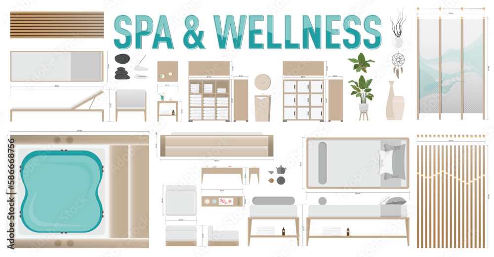 Plan and Elevation Views of Spa Furniture and Decor Elements for ...