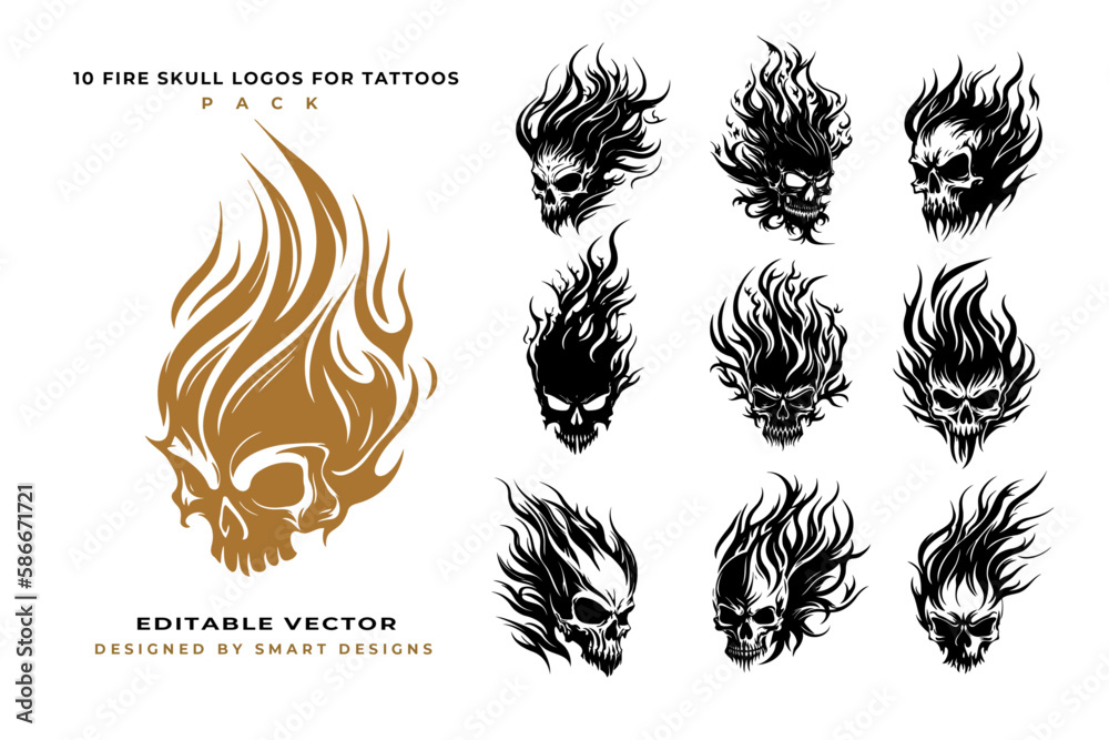 Fire Skull Logos for Tattoos Pack x10 Stock Vector | Adobe Stock