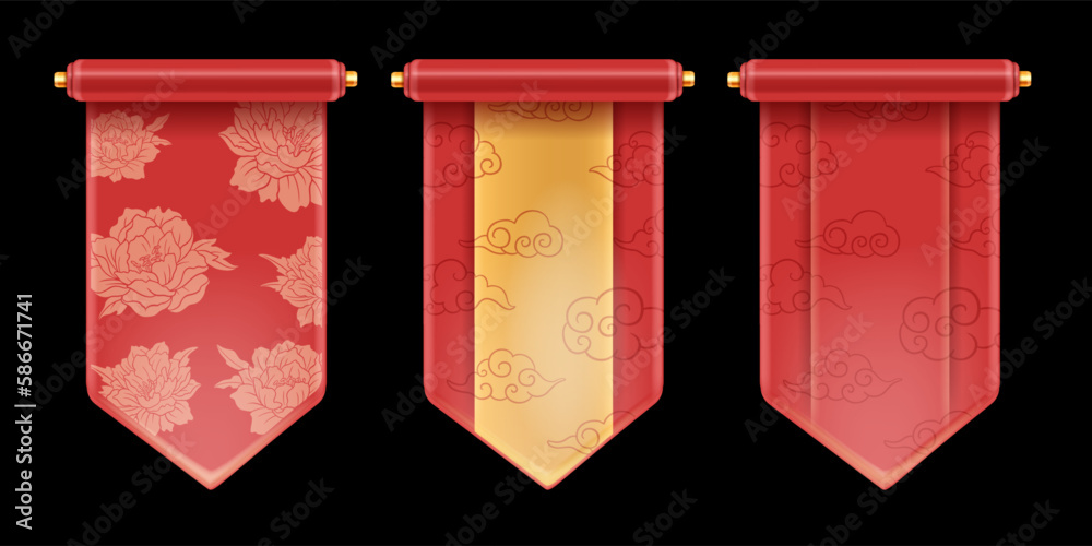 3D Chinese scroll set, vector royal red festive banner kit, asian game ...