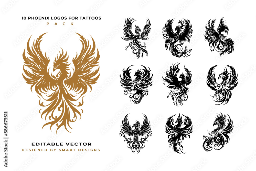 Phoenix Logos for Tattoos Pack x10 Stock Vector | Adobe Stock