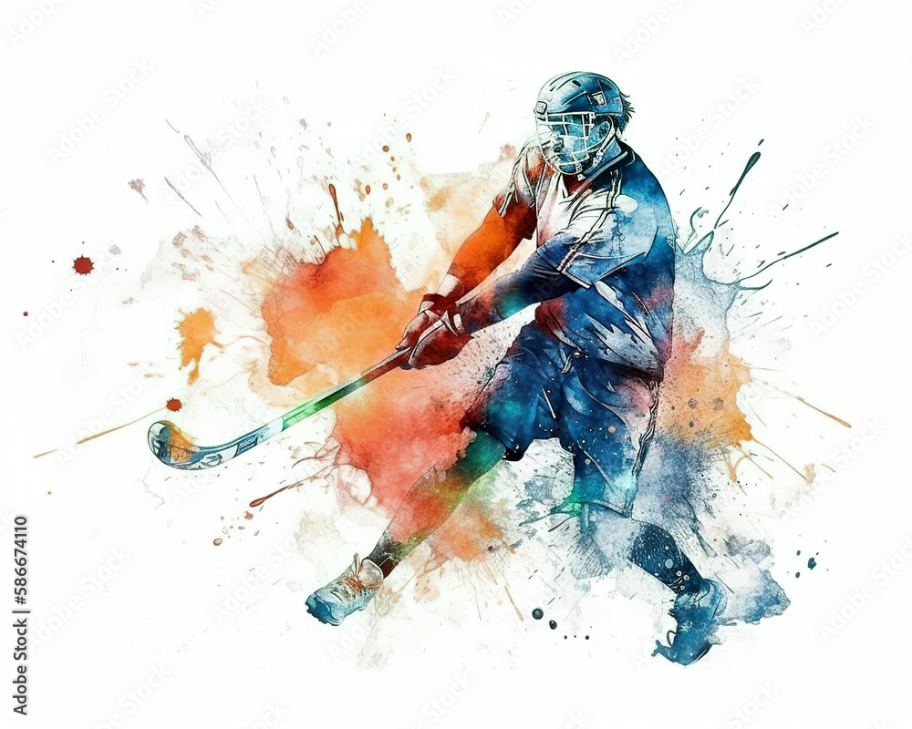 Watercolor abstract illustration of floorball. Floorball player in ...