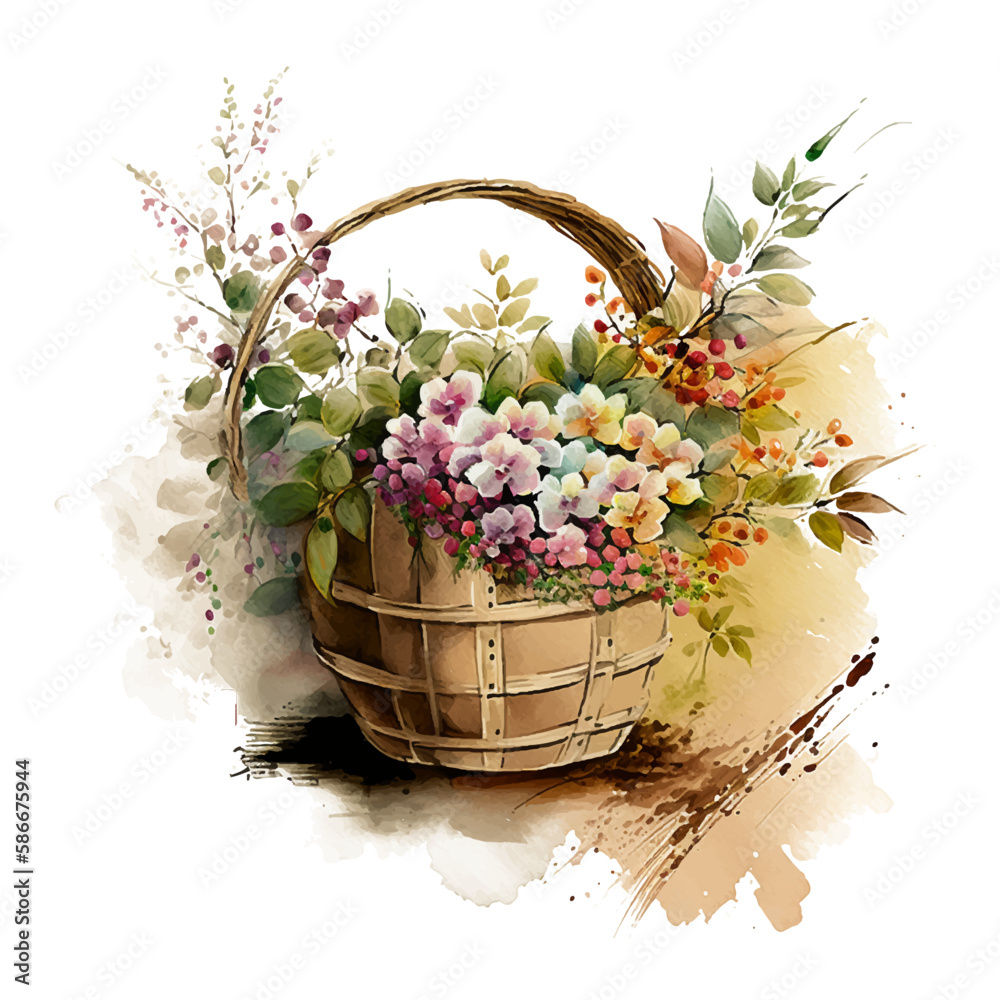 Watercolor Flowers Clipart vector, Easter Basket Png, Spring Floral ...