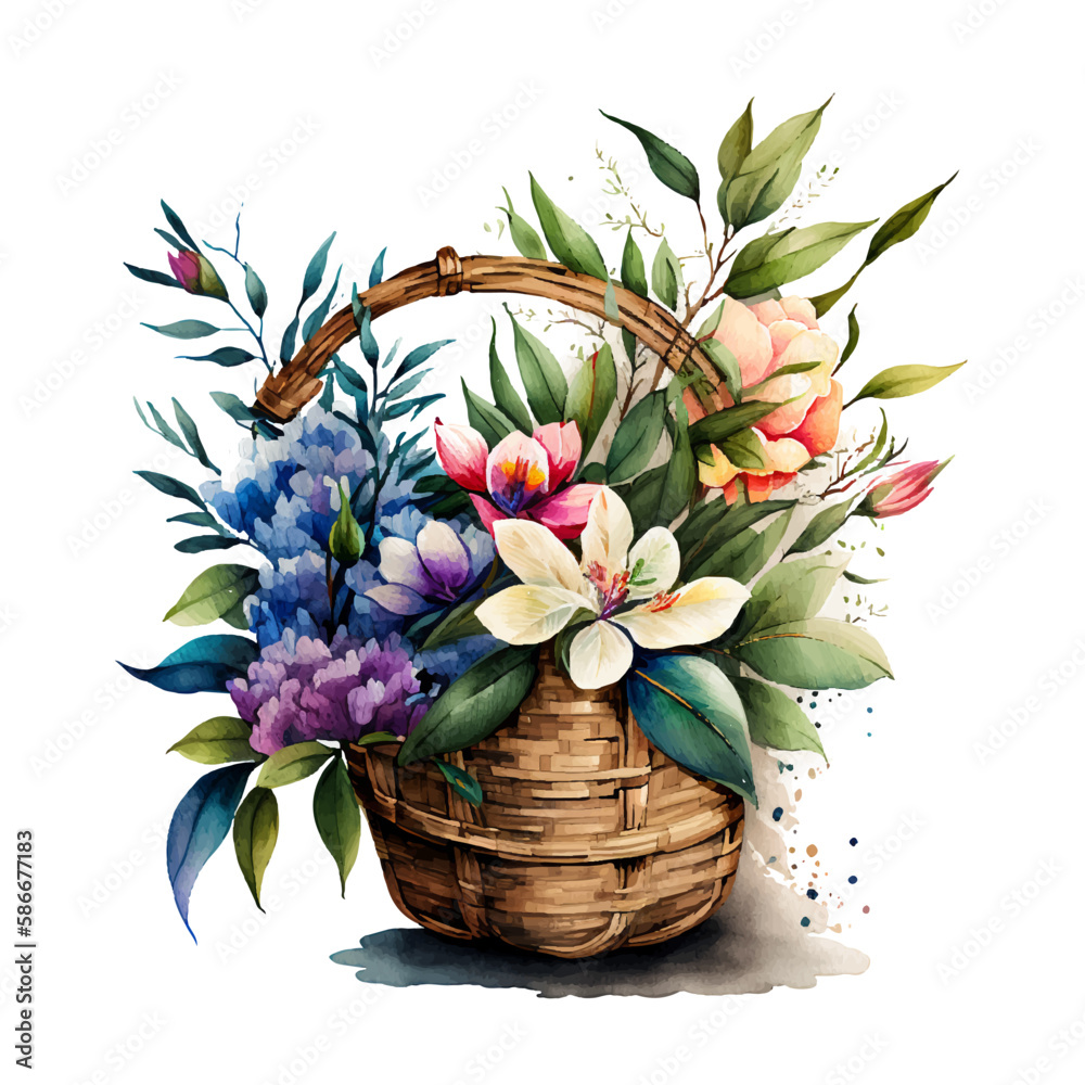 Watercolor Flowers Clipart vector, Easter Basket Png, Spring Floral ...