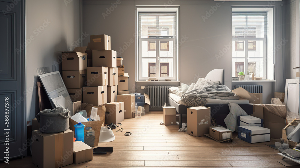 Moving boxes arranged in the dining room of the house ready to be ...