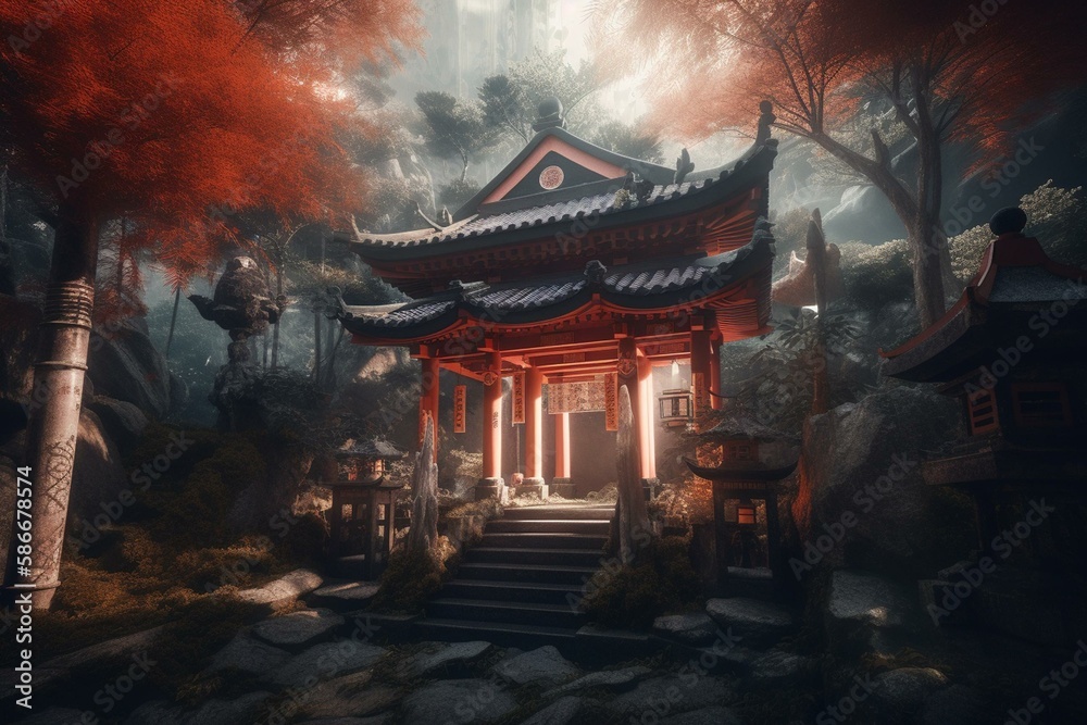 Fantasy japanese shrine with windows view torii outside. 3d render ...