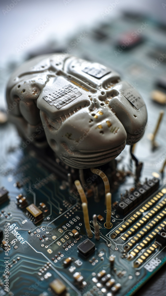 small chip in the shape of a human brain. Concept of new technology of ...