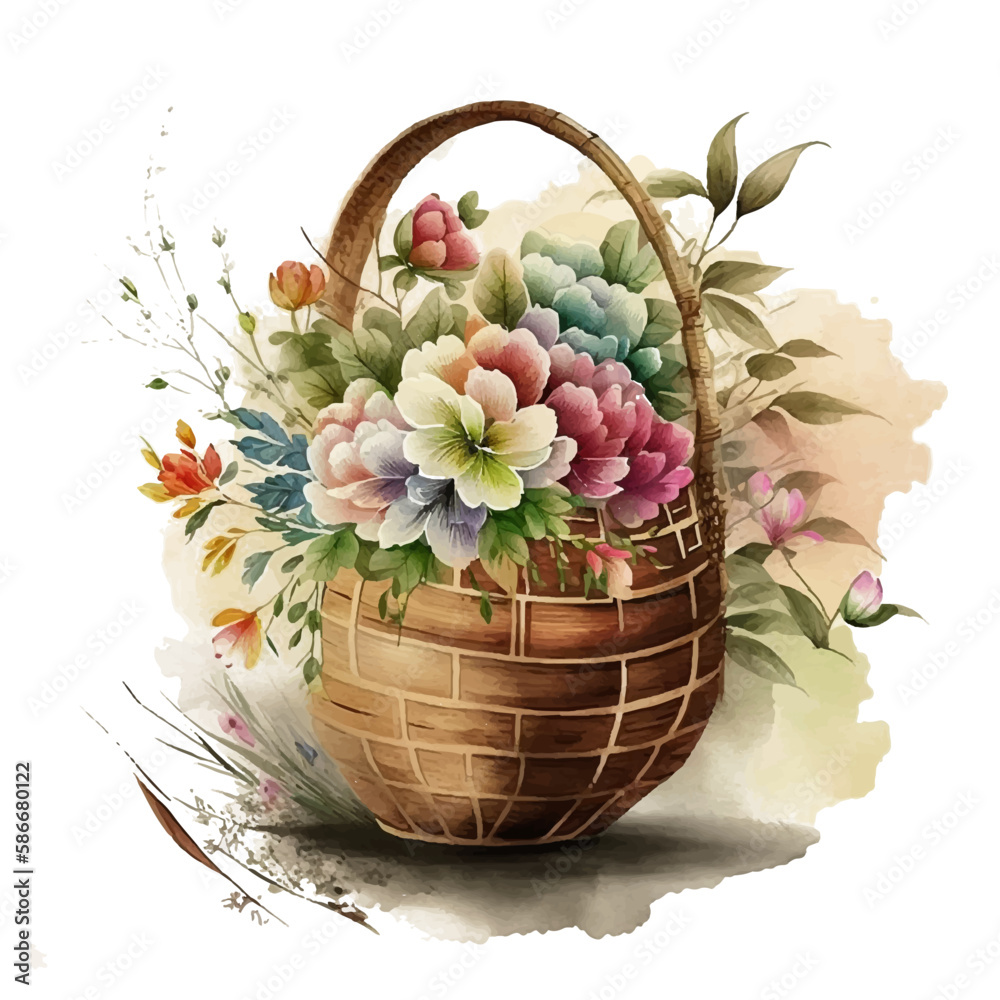 Watercolor Flowers Clipart vector, Easter Basket Png, Spring Floral ...