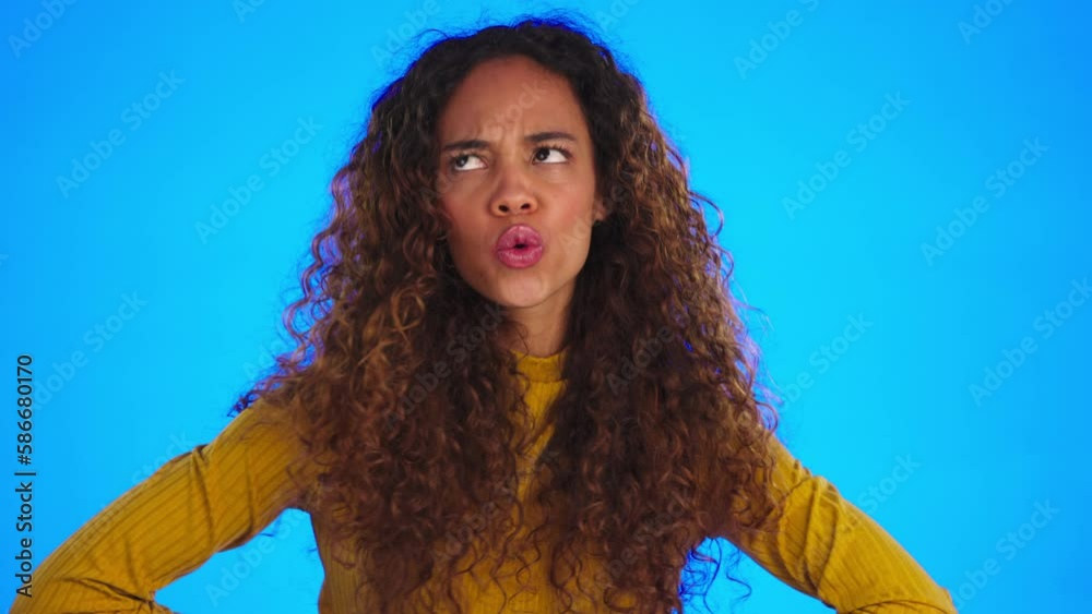 Woman, funny face and playful with goofy expression and hand gesture ...