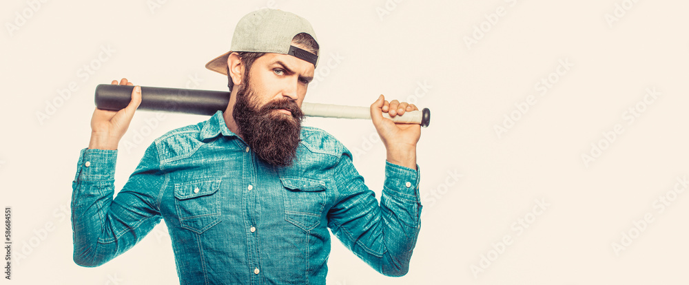 Beardman holding a baseball bat. Isolated white background. Man swung ...