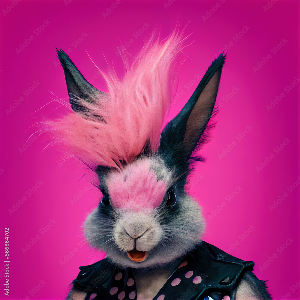 Bunny Rebellion: A Grunge-Chic Portrait of a Pink-Haired Rabbit Wearing ...