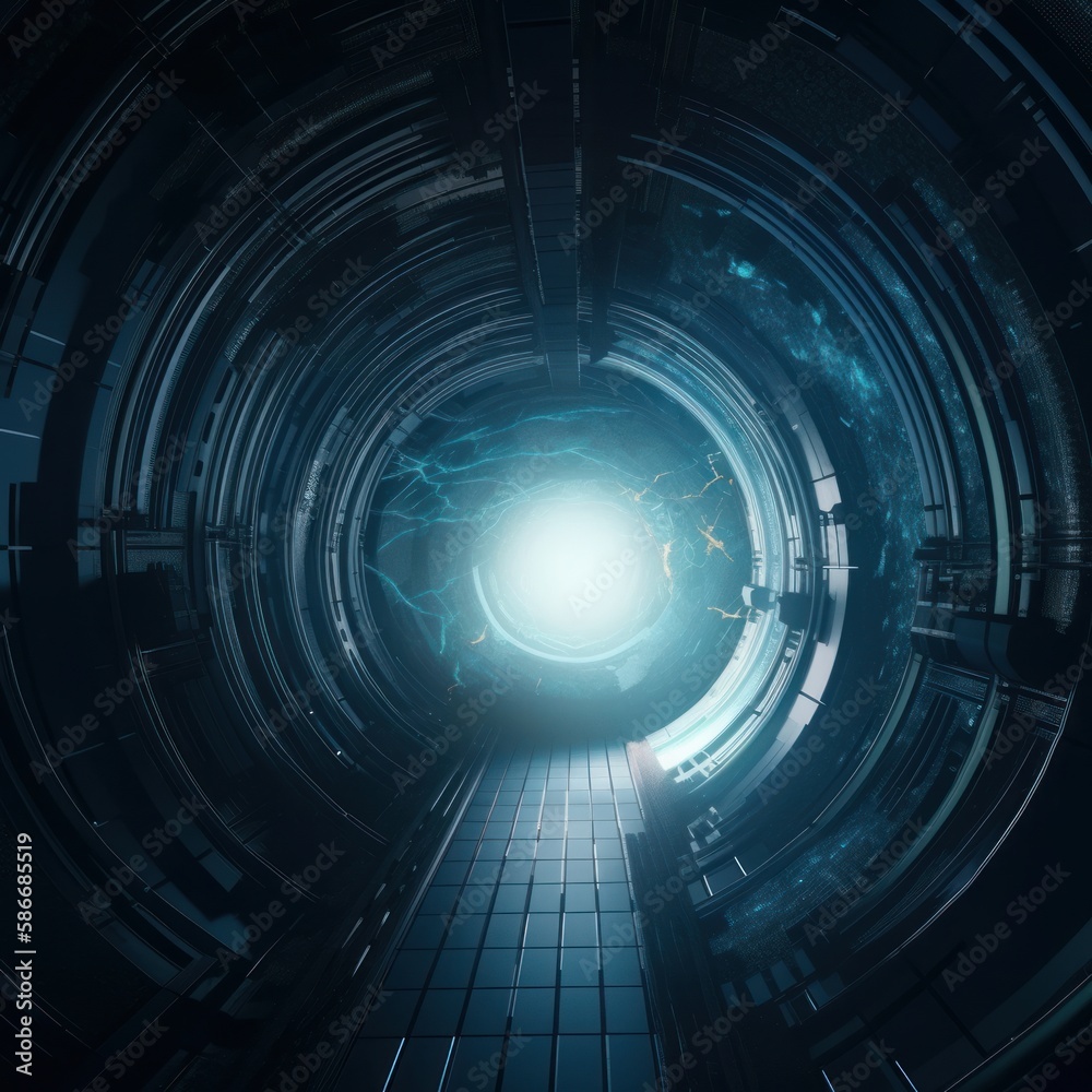 Retro sci-fi light tunnel through space wormhole with nebula, light ...
