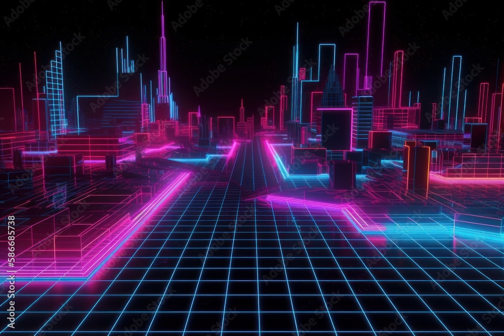 Neon Gridlines: 1980s Synthwave Low Poly Art with Futuristic Grids ...