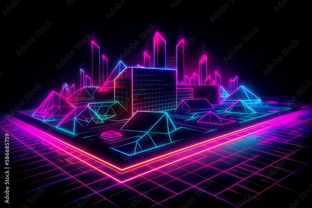 Synthwave, Low Poly, Neon Grids, 1980s.Generative AI Stock Illustration ...