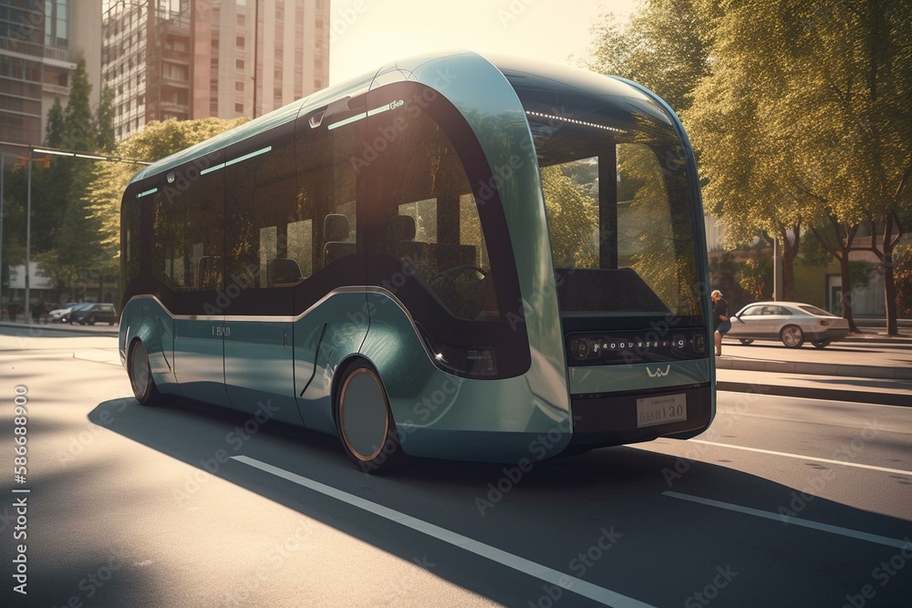 Autonomous electric shuttle bus self driving across city green road ...