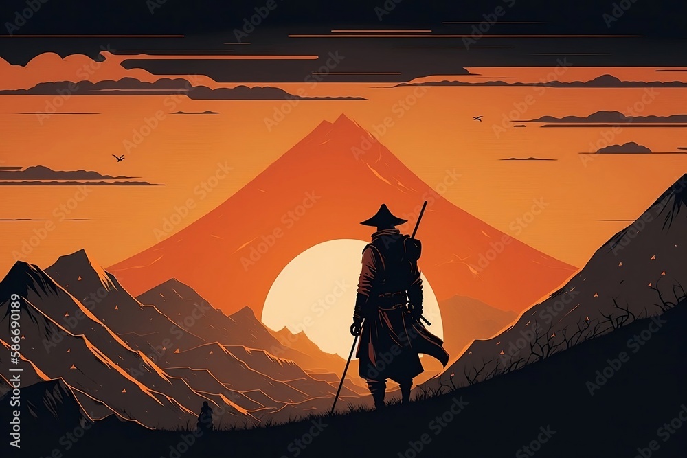 minimalistic line drawings of a samurai walking into epic sunset ...