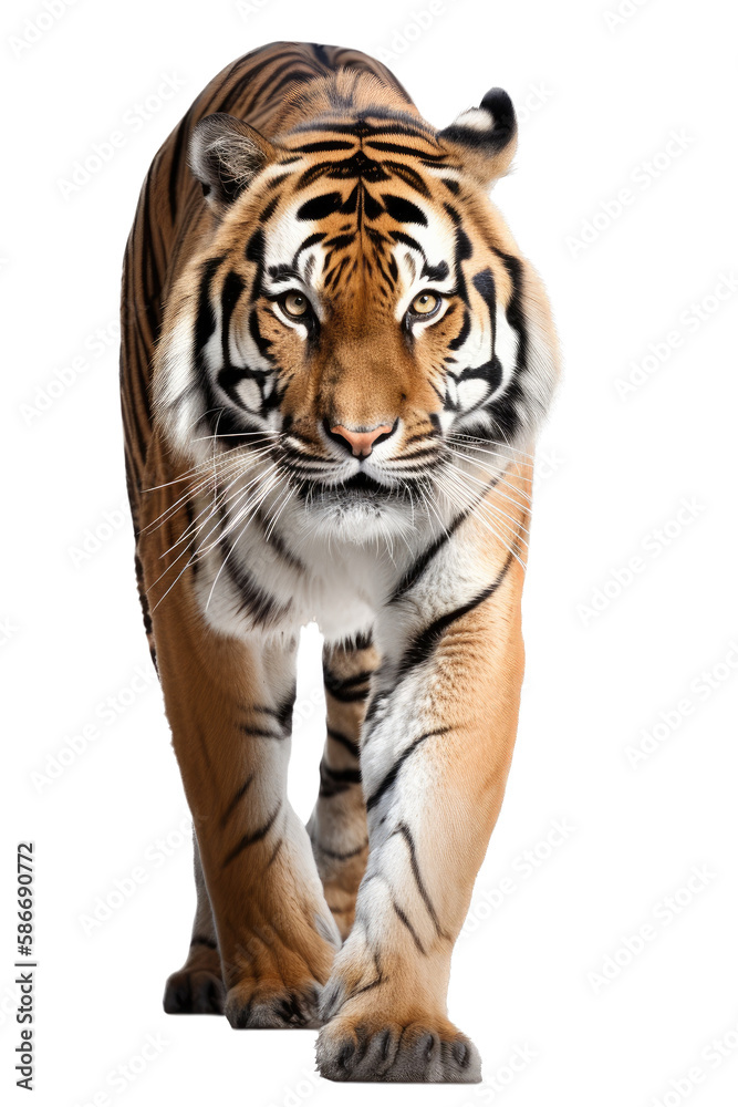 an isolated bengal tiger front view, walking towards, stalking prey ...