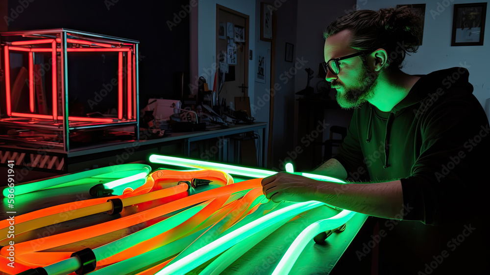 A neon sign maker working on neon tubes poster with copy space ...